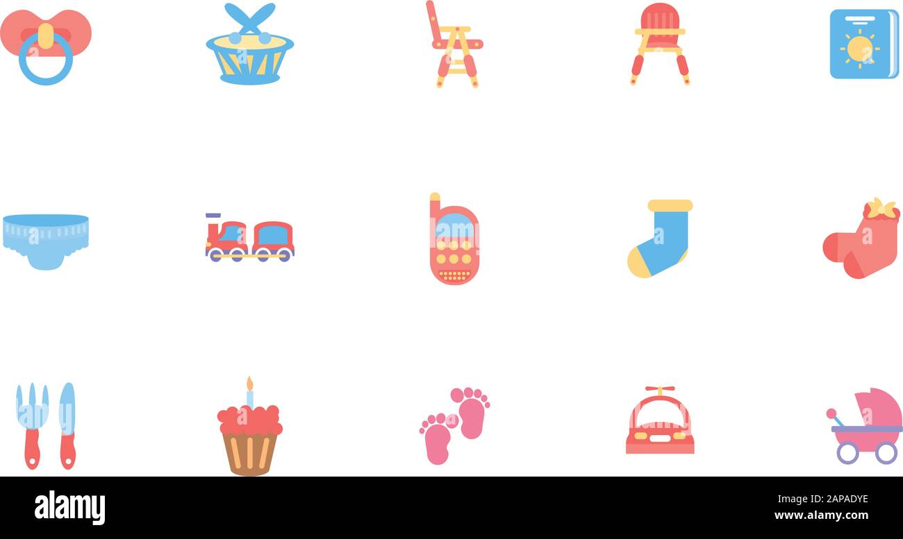baby objects and toys icon set design, Child newborn childhood ...
