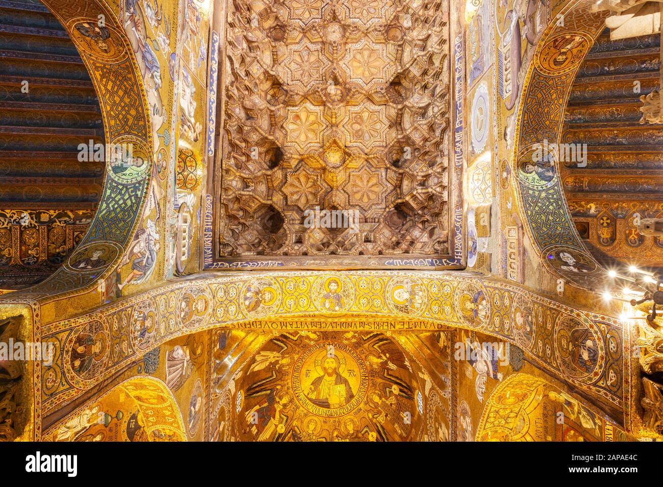 Shining ceiling of the Palatine Chapel. Royal chapel of the Norman ...