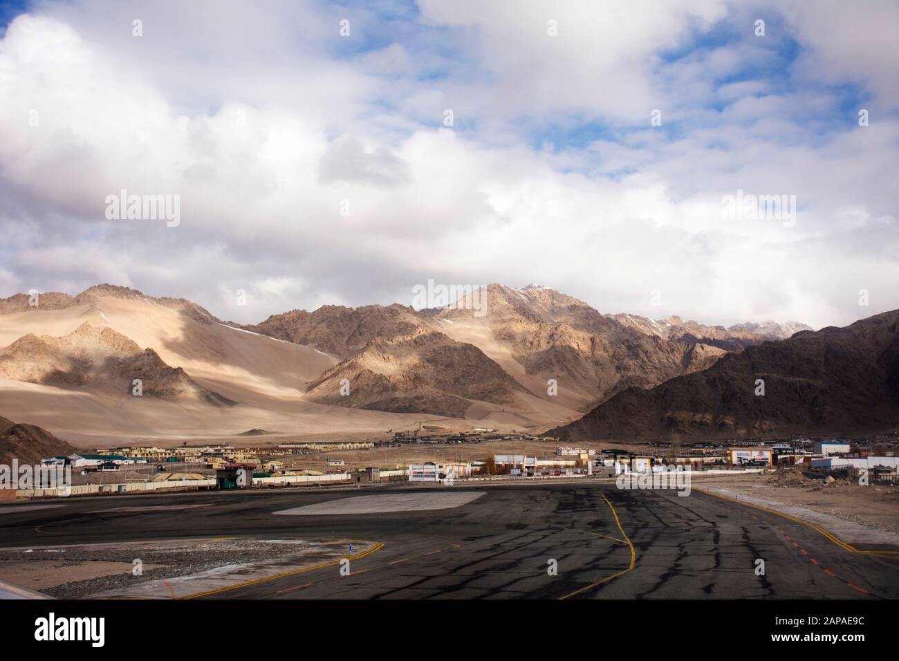View landscape himalaya mountain range and runway of Kushok Bakula ...