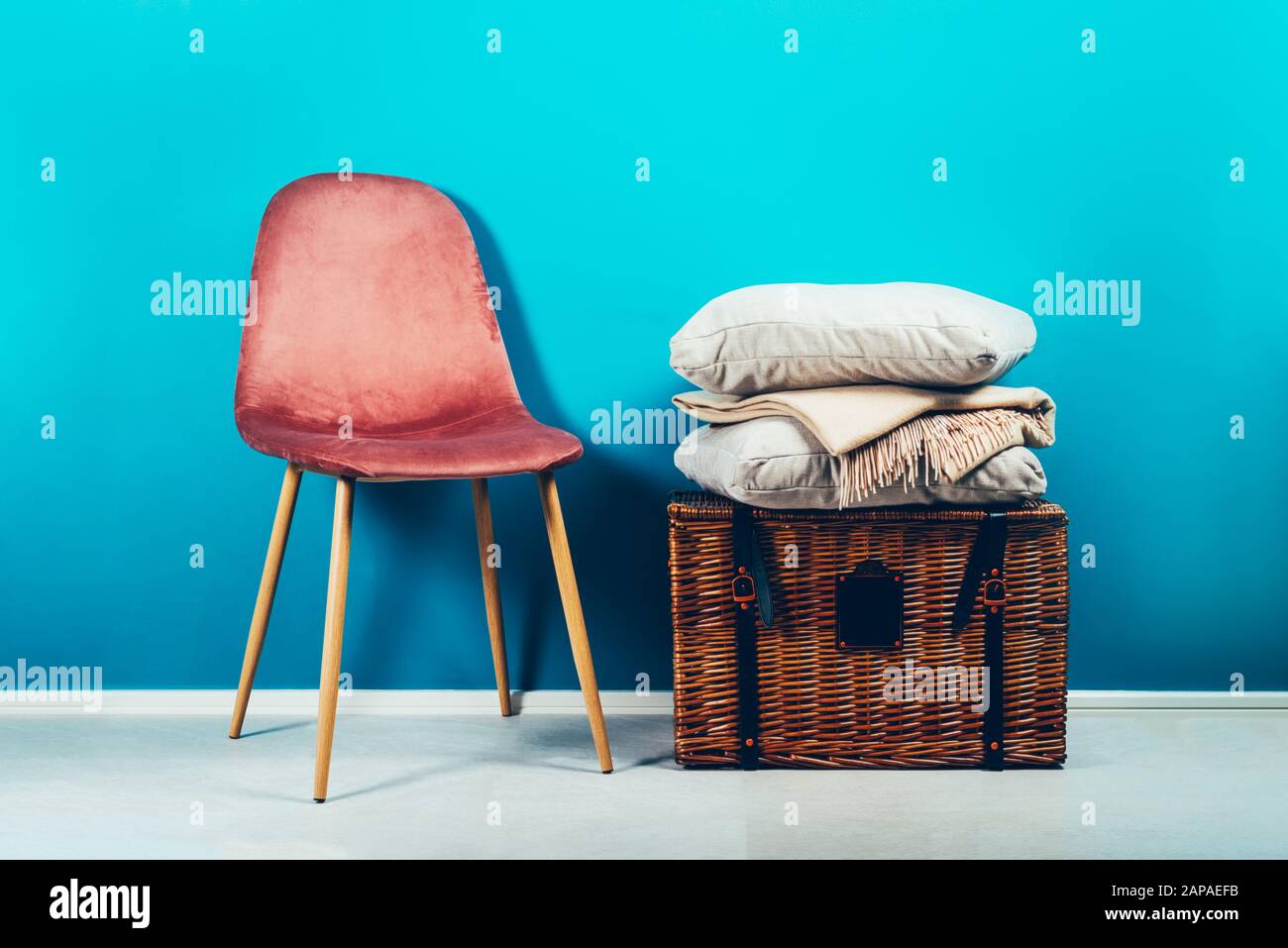 Modern Pink Velour Chair, Wicker Hamper Basket with Beige Cushions and ...