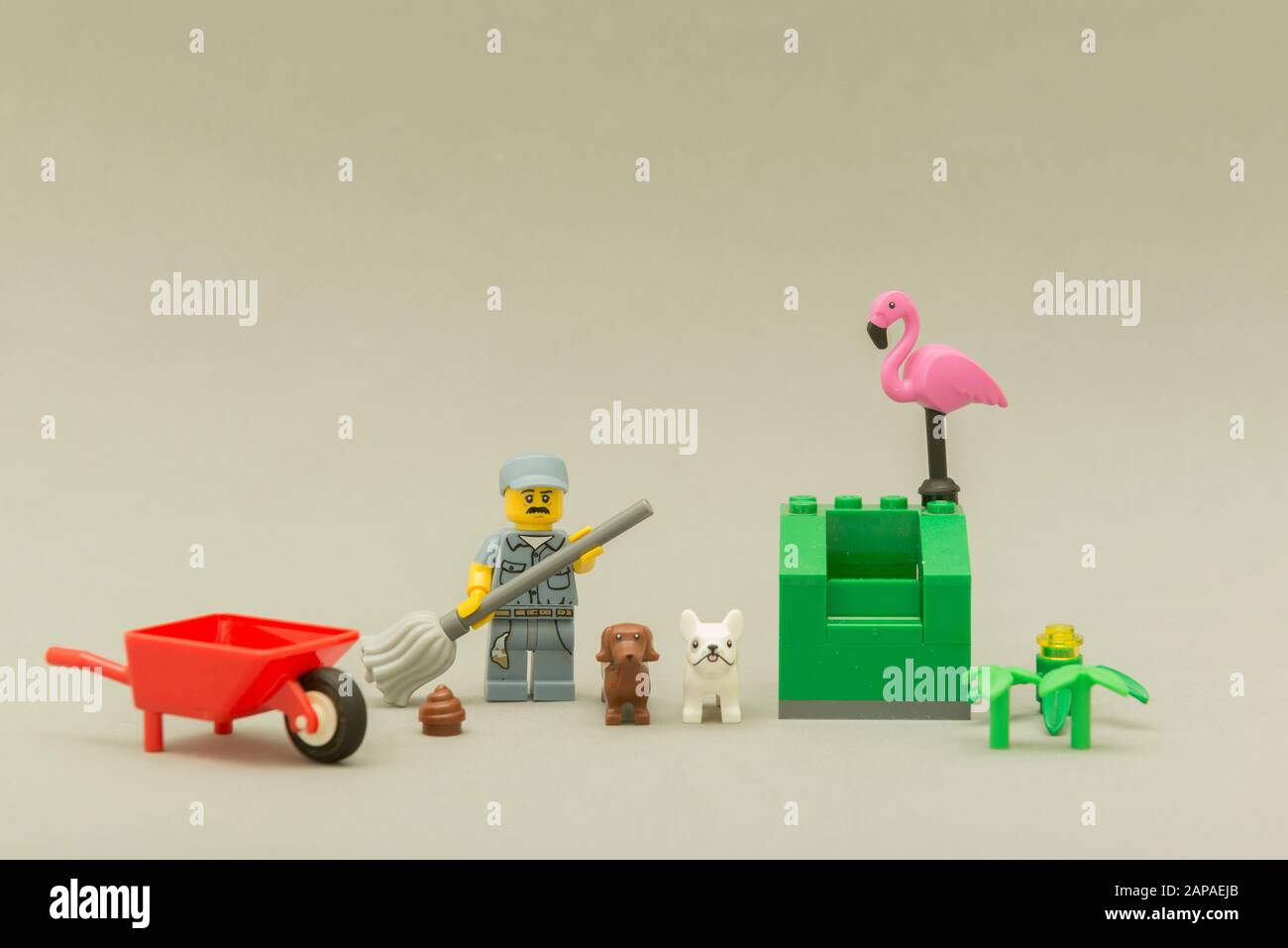 Florianopolis - Brazil, May 5, 2019: Minifigures of a cleaner sweeping ...