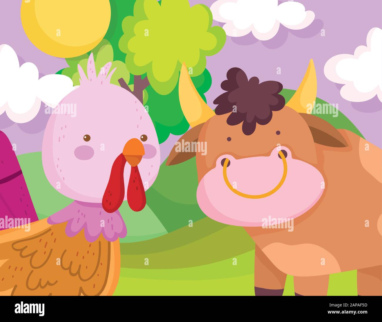 bull and turkey tree meadow farm animal cartoon vector illustration ...