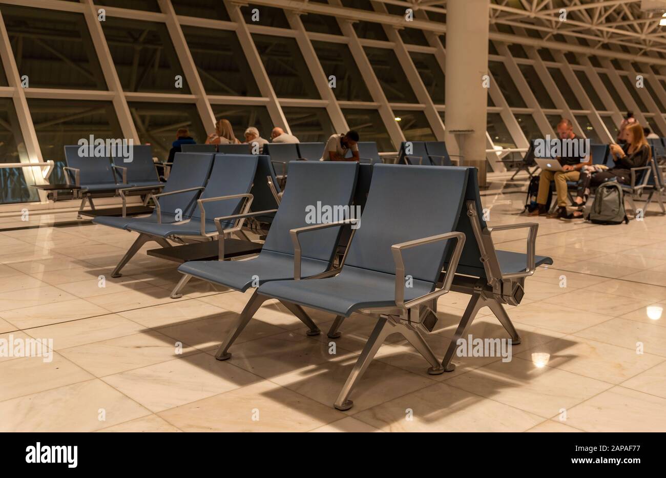 Addis Ababa, Ethiopa. December 2019. Pssenger seats in the Interior of departue terminal at Bole ...