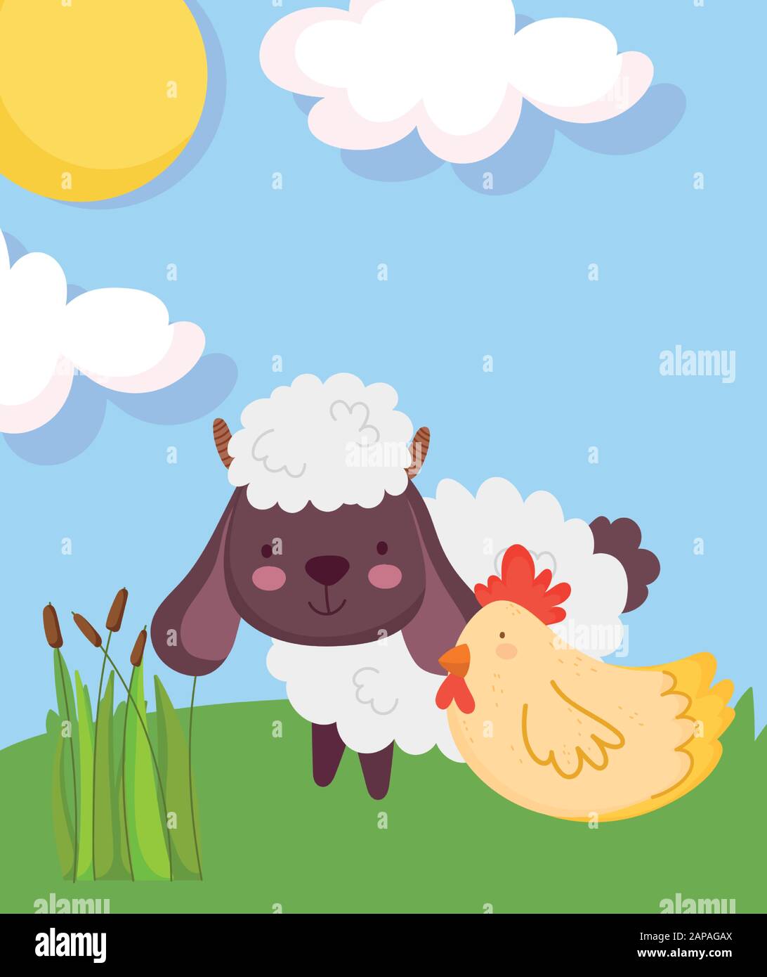 sheep and hen grass plants sun farm animal cartoon vector illustration ...