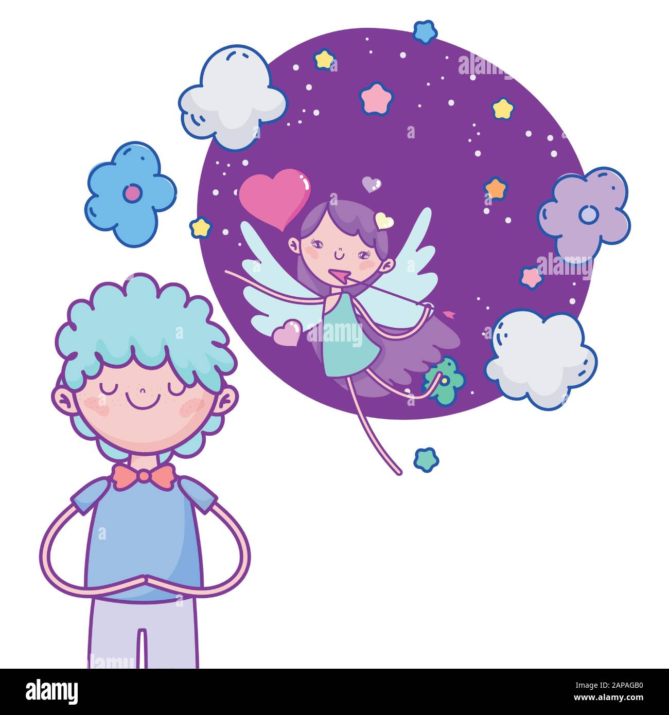 happy valentines day, young guy and cupid with arrow hearts love ...