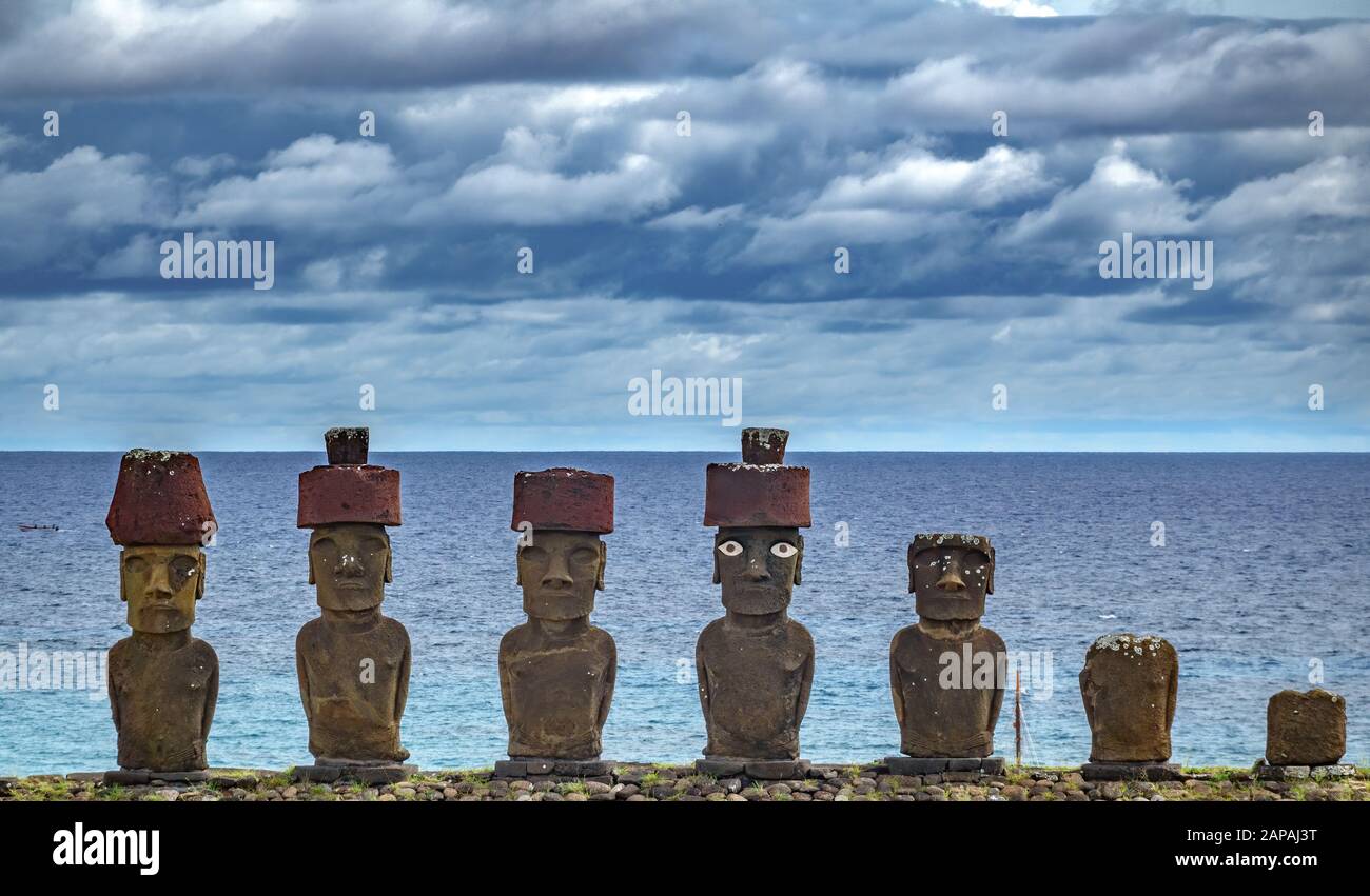 Ahu Nau Nau moai platform in Rapa Nui Stock Photo - Alamy
