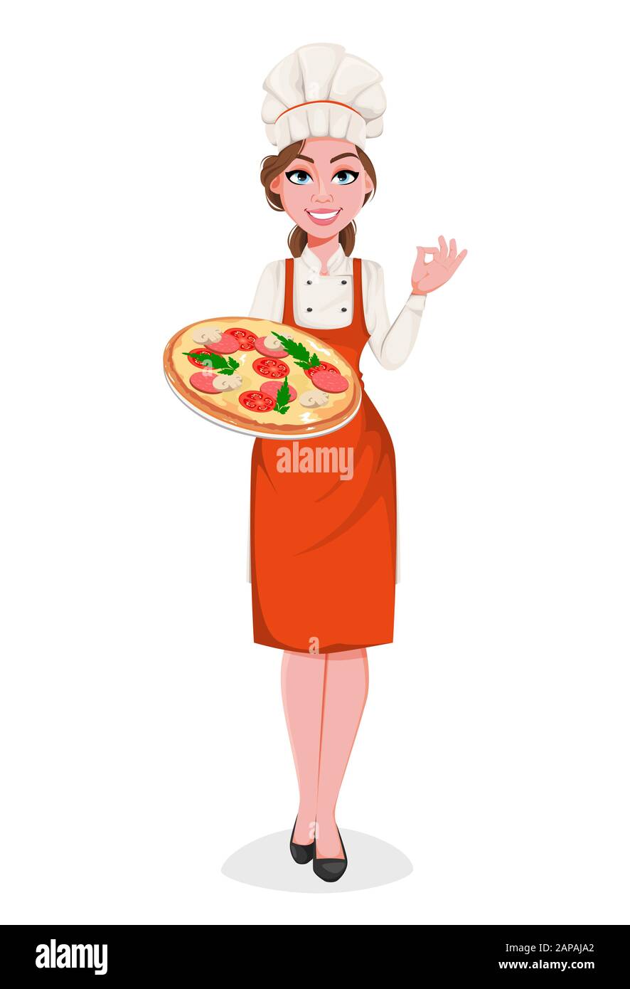Beautiful young chef woman holding tasty pizza. Pretty cook lady in ...
