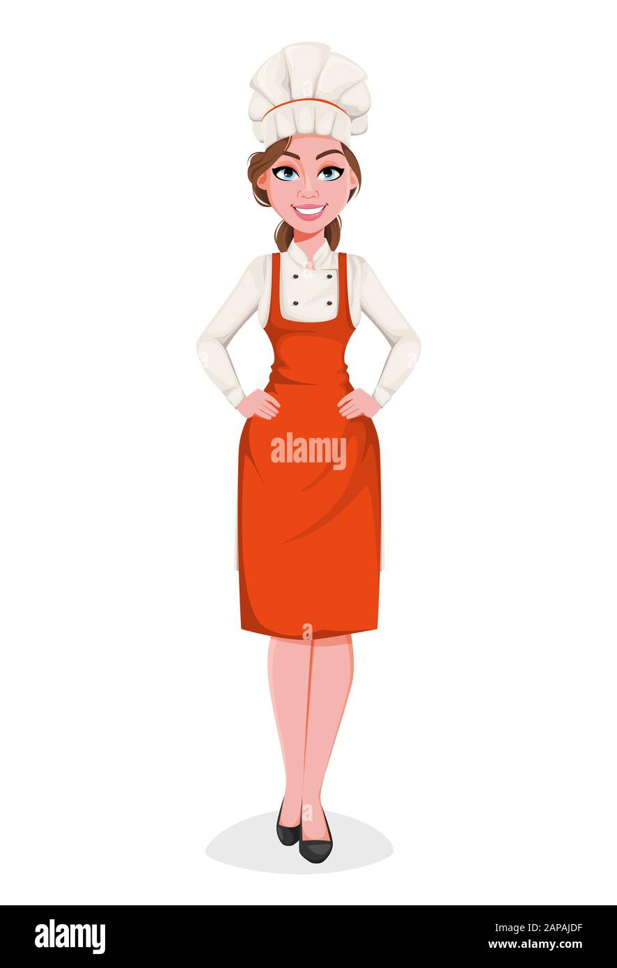 Beautiful young chef woman. Pretty cook lady in professional apron and ...