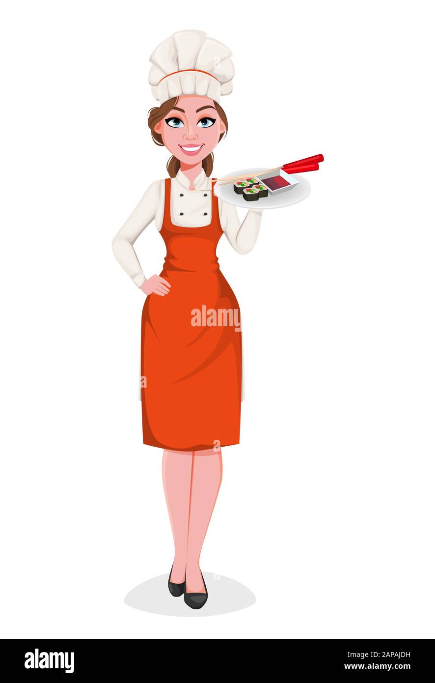 Beautiful young chef woman holding plate with sushi rolls. Pretty cook ...