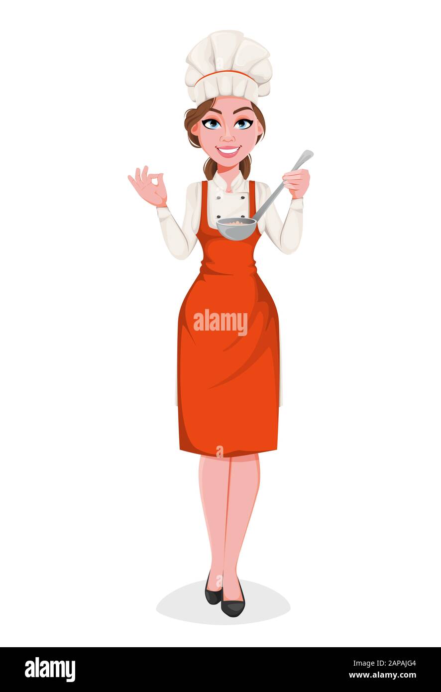 Beautiful young chef woman. Pretty cook lady in professional apron and ...