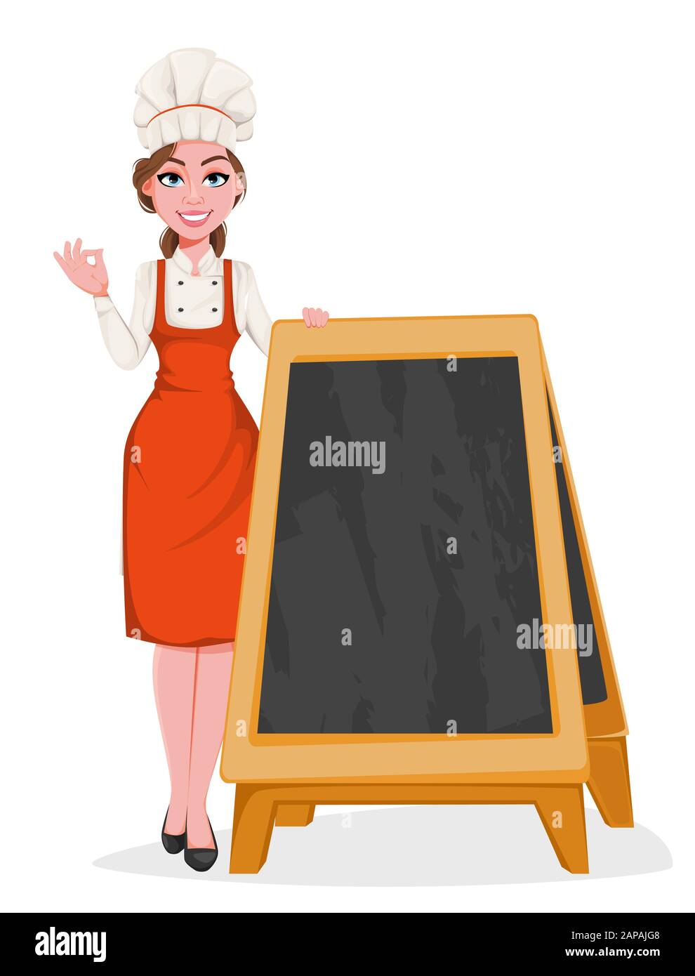 Beautiful young chef woman standing near blank menu blackboard. Pretty ...