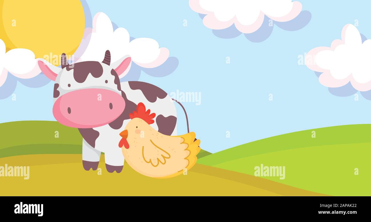 horse and hen field sky sun clouds farm animal cartoon vector ...