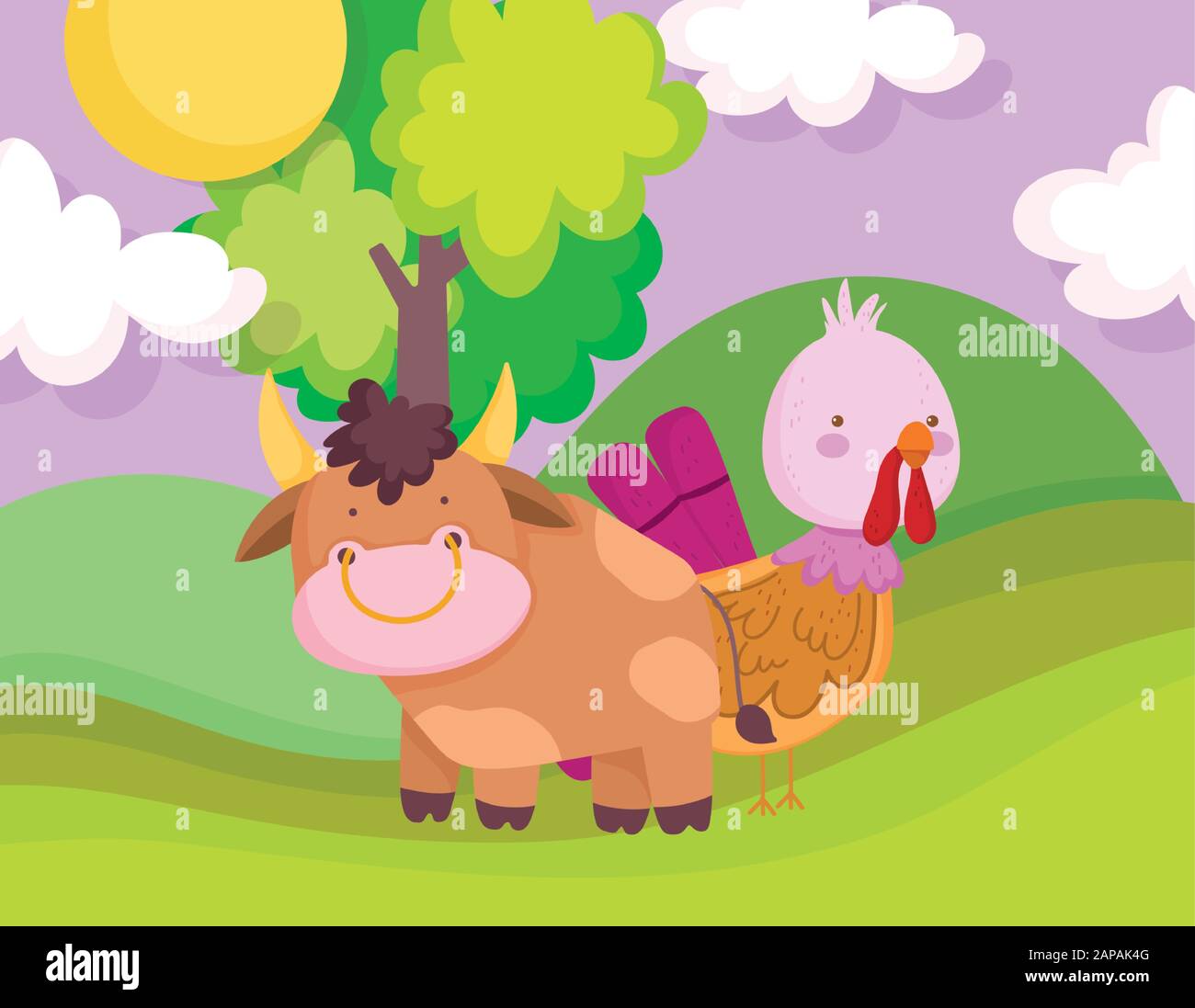 bull and turkey hill field tree farm animal cartoon vector illustration ...