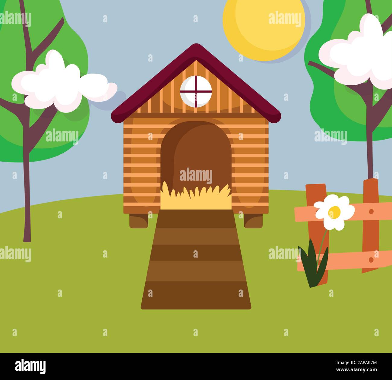 house hen fence flower and trees farm cartoon vector illustration Stock ...