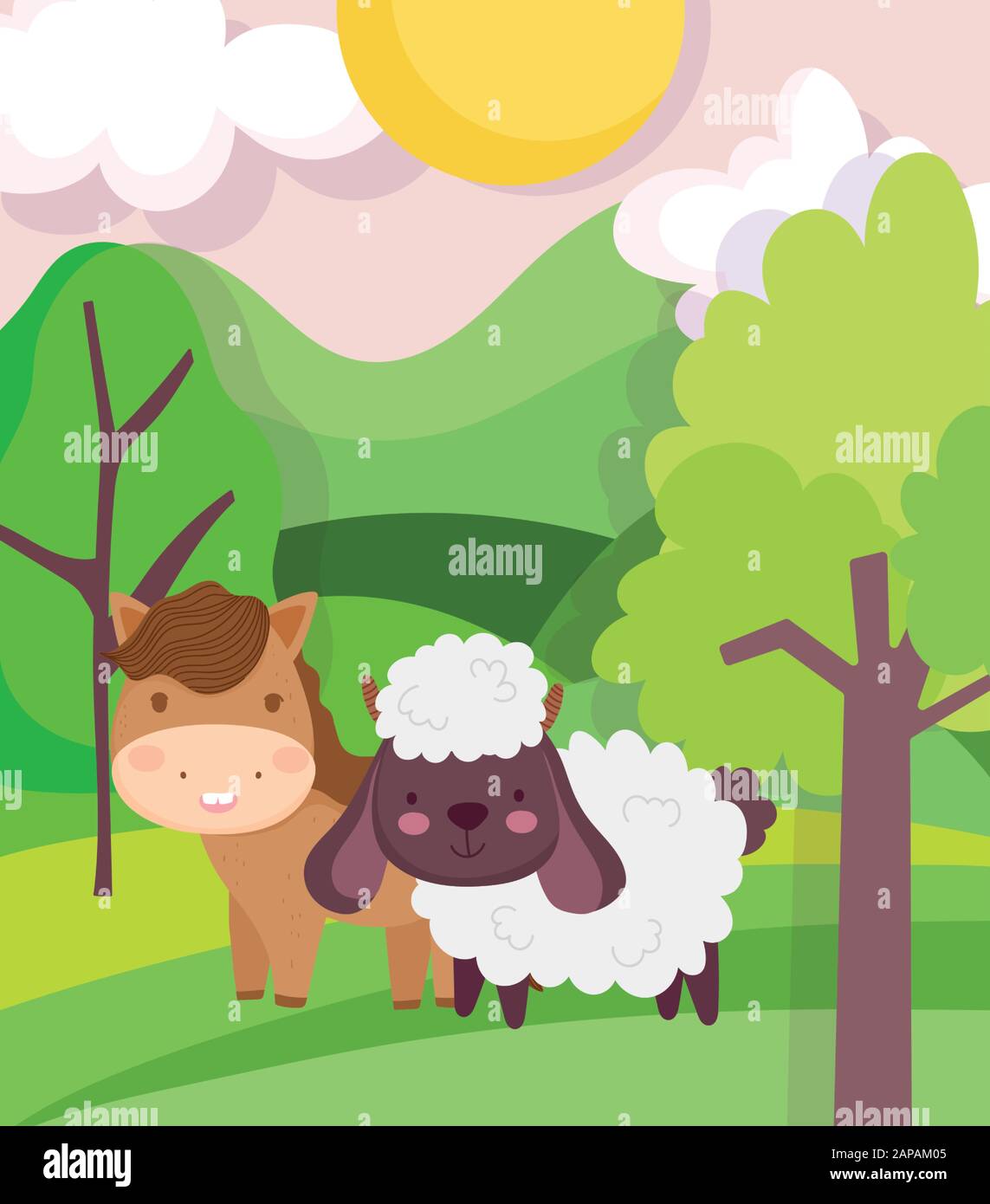 horse and sheep field trees sky sun clouds farm animal cartoon vector ...