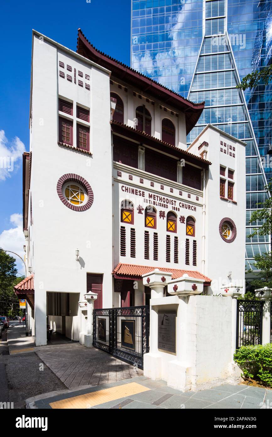 Vertical view Chinese Methodist Church architecture along Telok Ayer ...