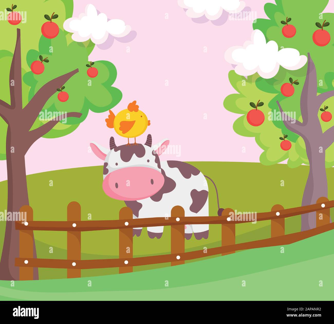 cow with chicken in head fence and fruits trees farm animal cartoon ...