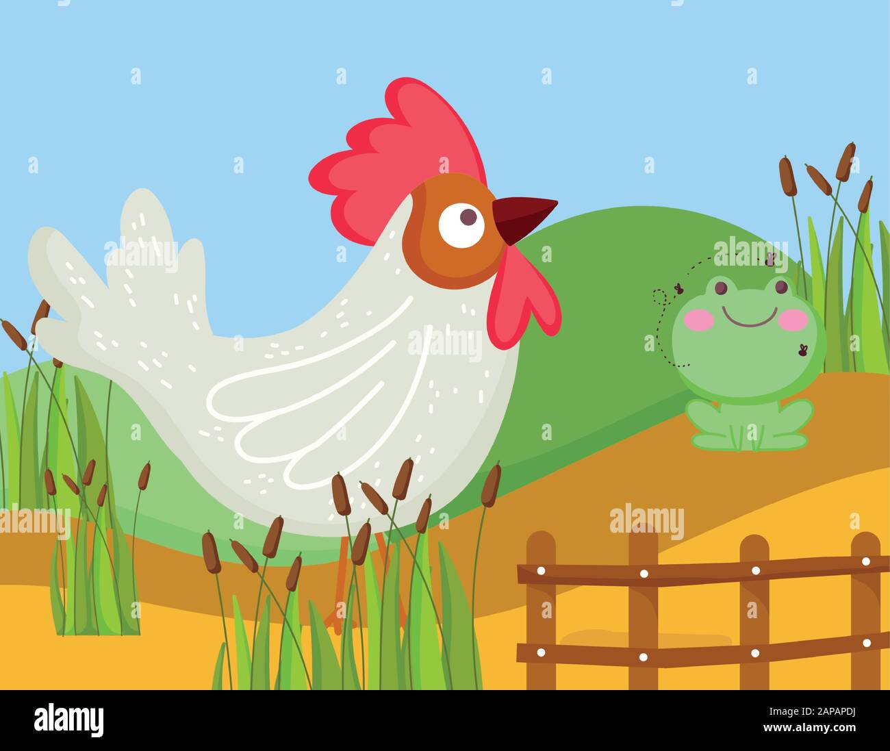rooster and frog fence plants grass farm animal cartoon vector ...
