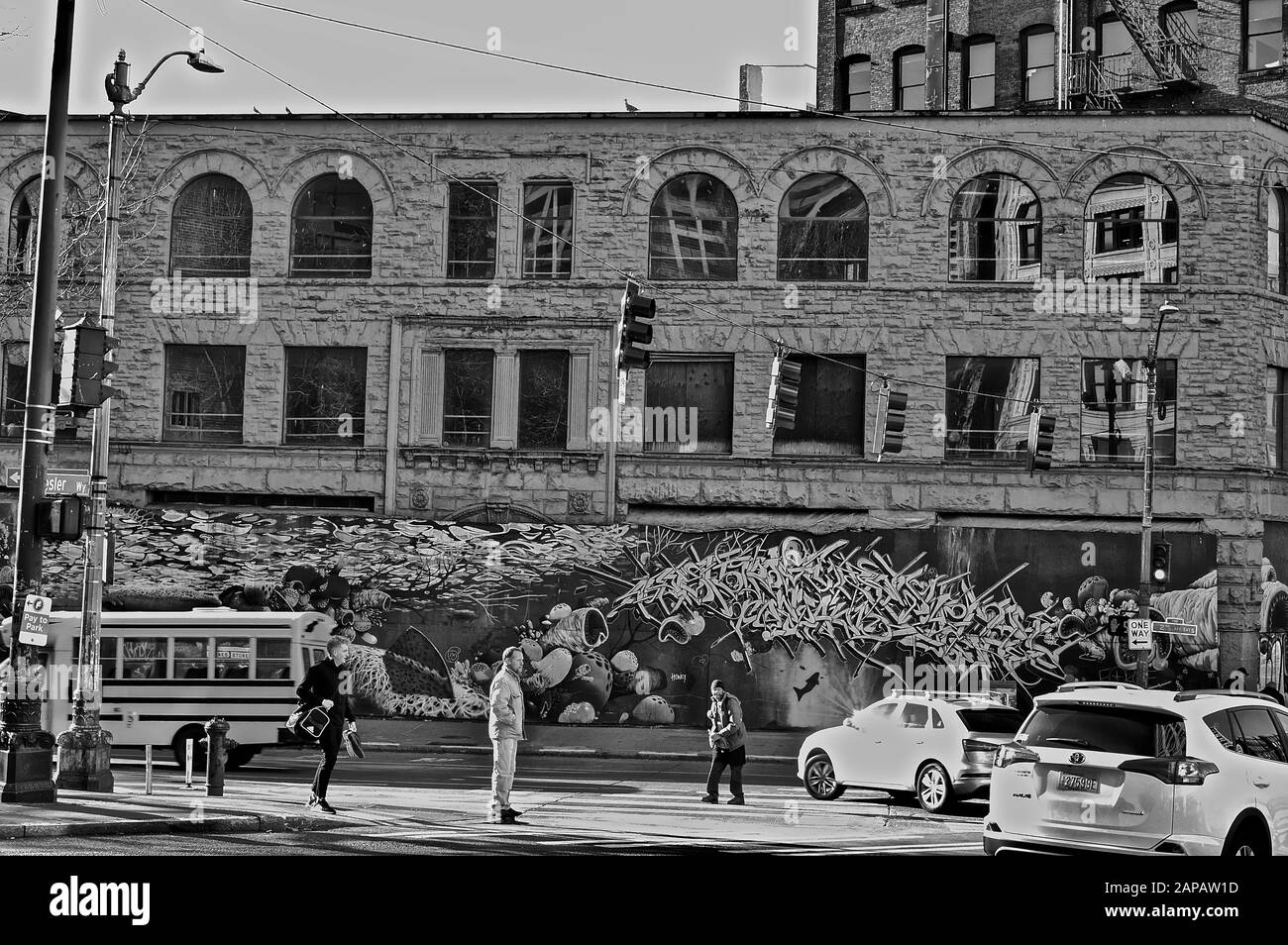 Downtown Seattle street scene, near Pioneer Square. Black and white ...