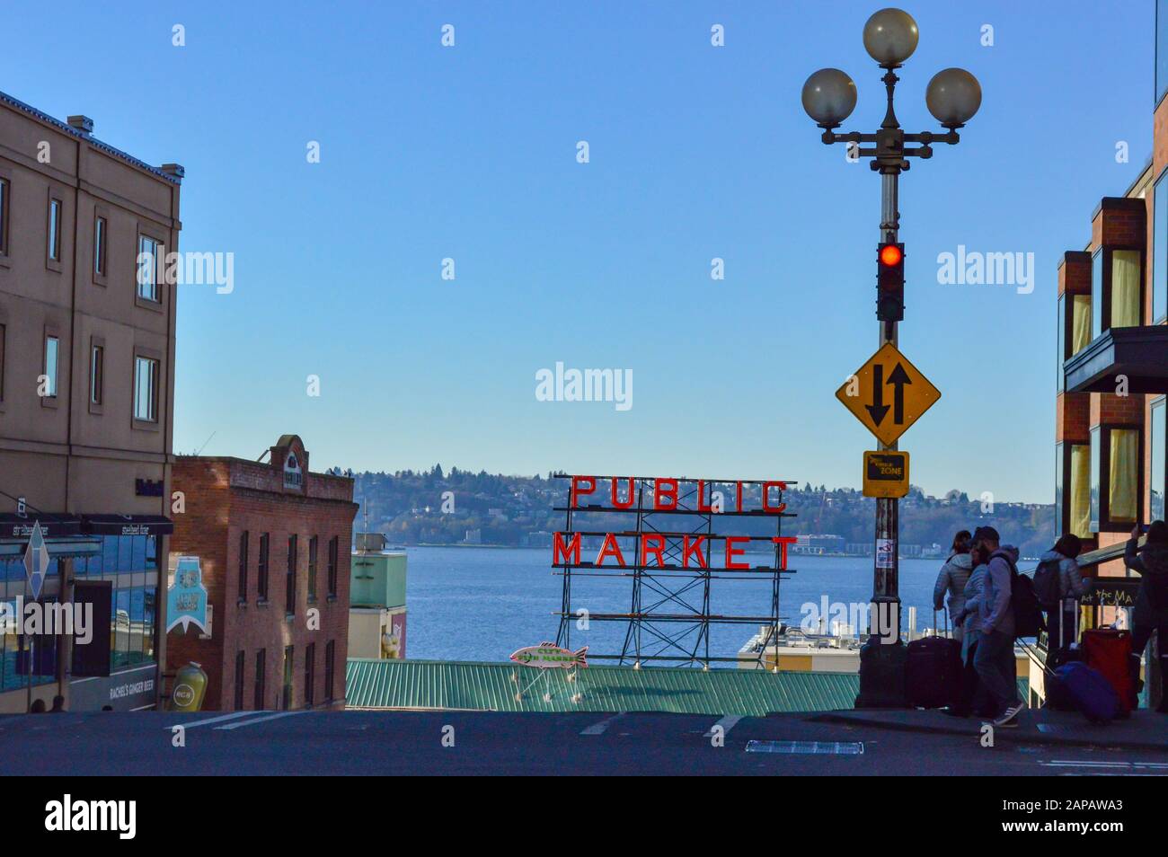 View of Pike Place Public Market and Elliot Bay from Pine Street ...