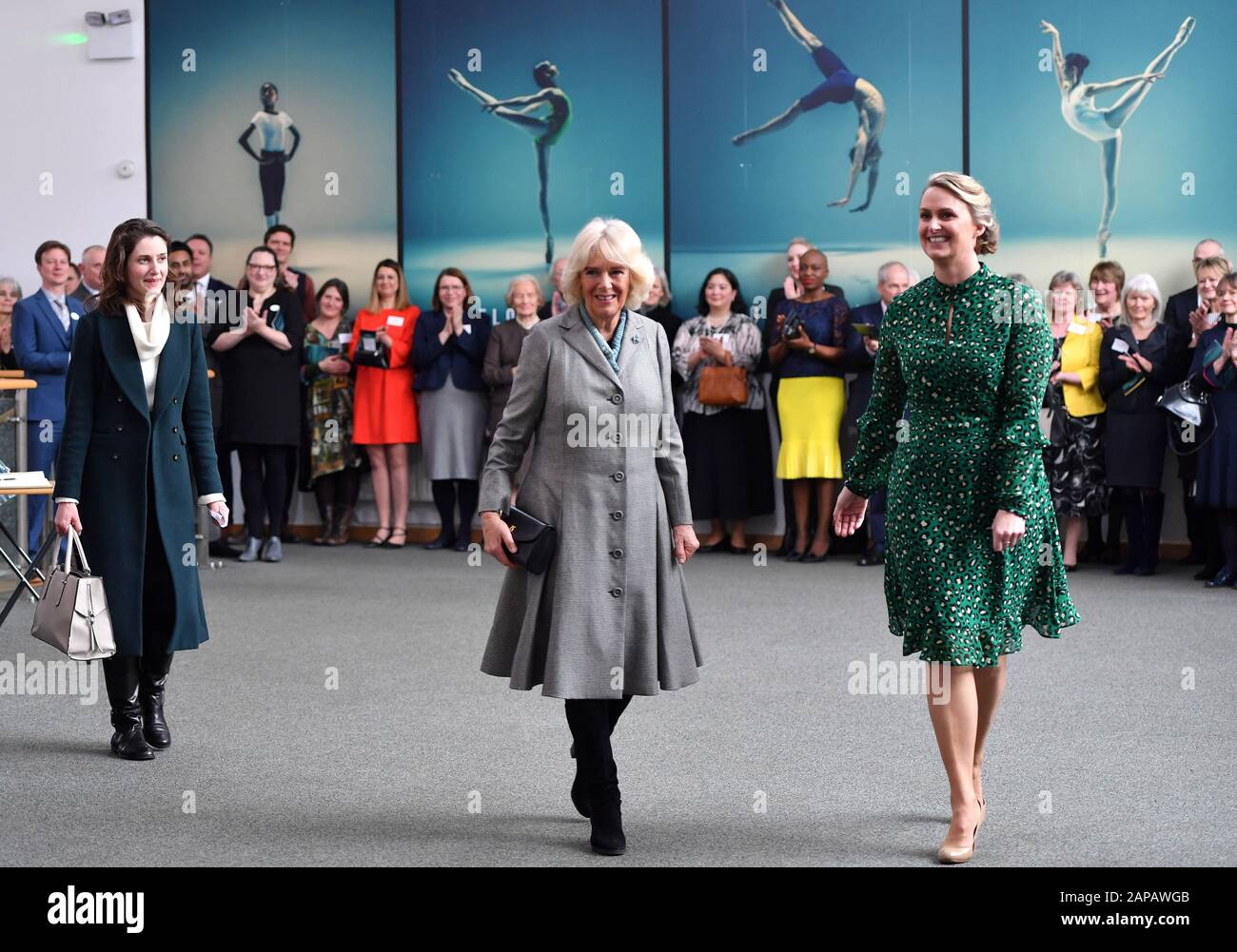 The Duchess of Cornwall walks with Principal Jessica Wheeler during a ...