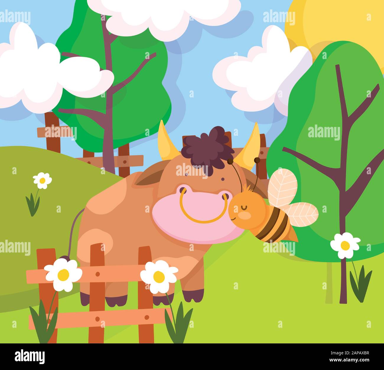 bull and flying bee fence flowers trees farm animal cartoon vector ...