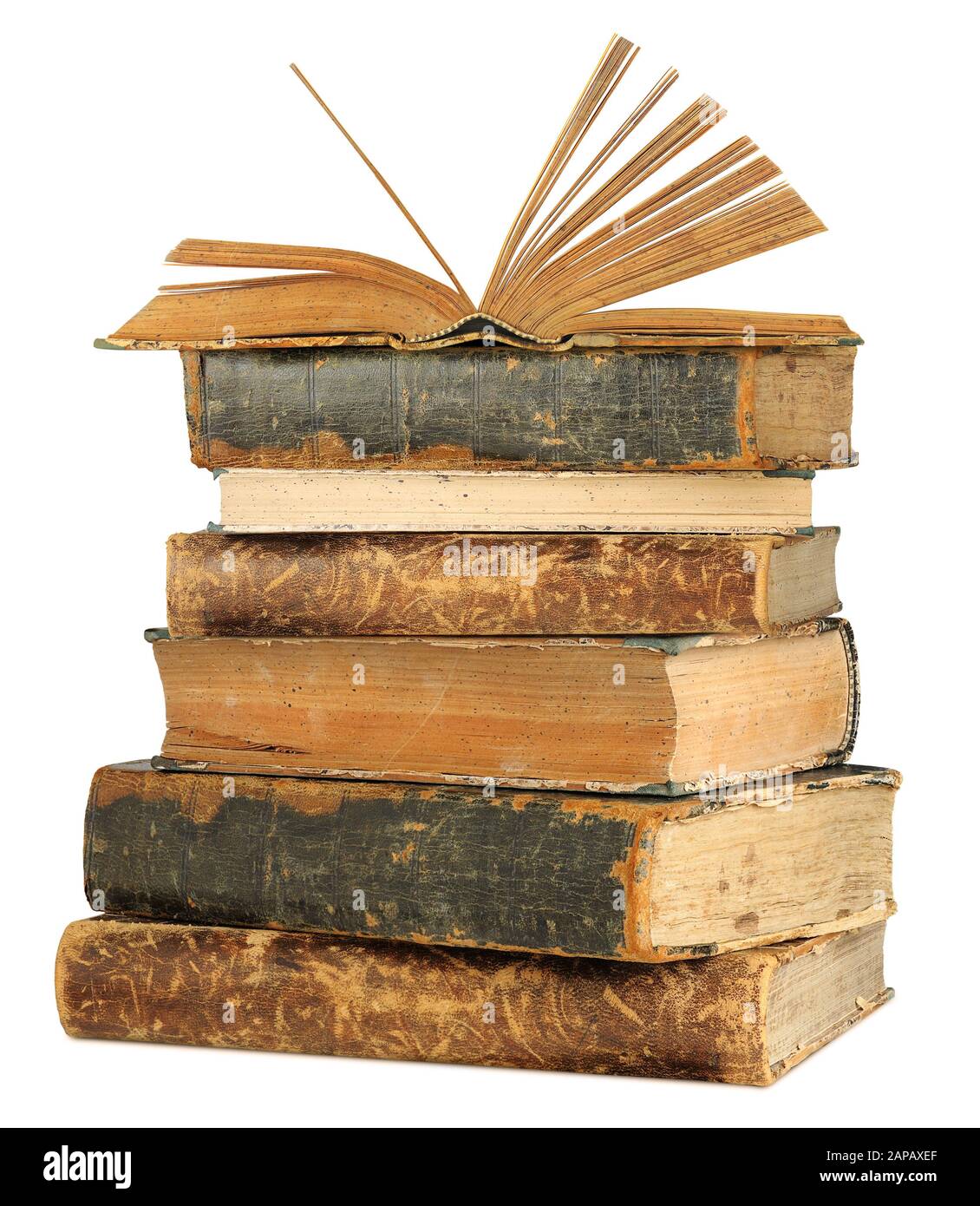 Isolated books. Open book on top of old books stack isolated on white ...