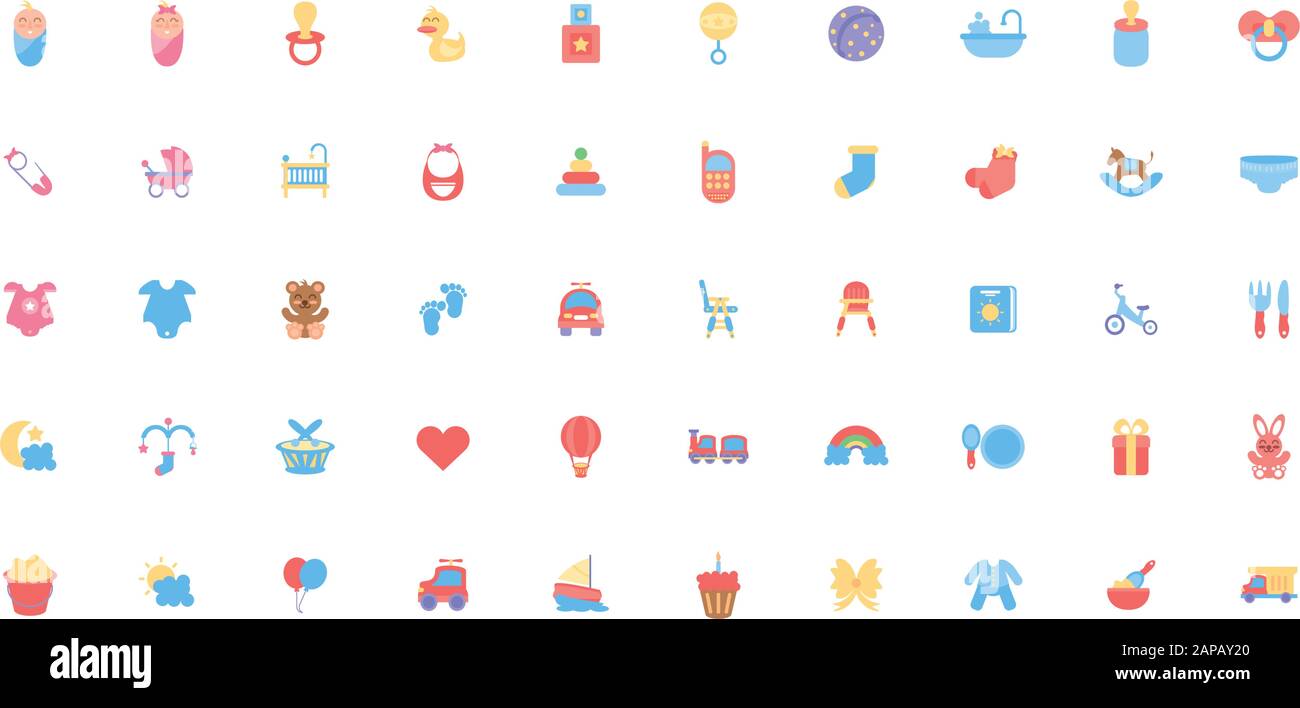 baby objects and toys icon set design, Child newborn childhood ...