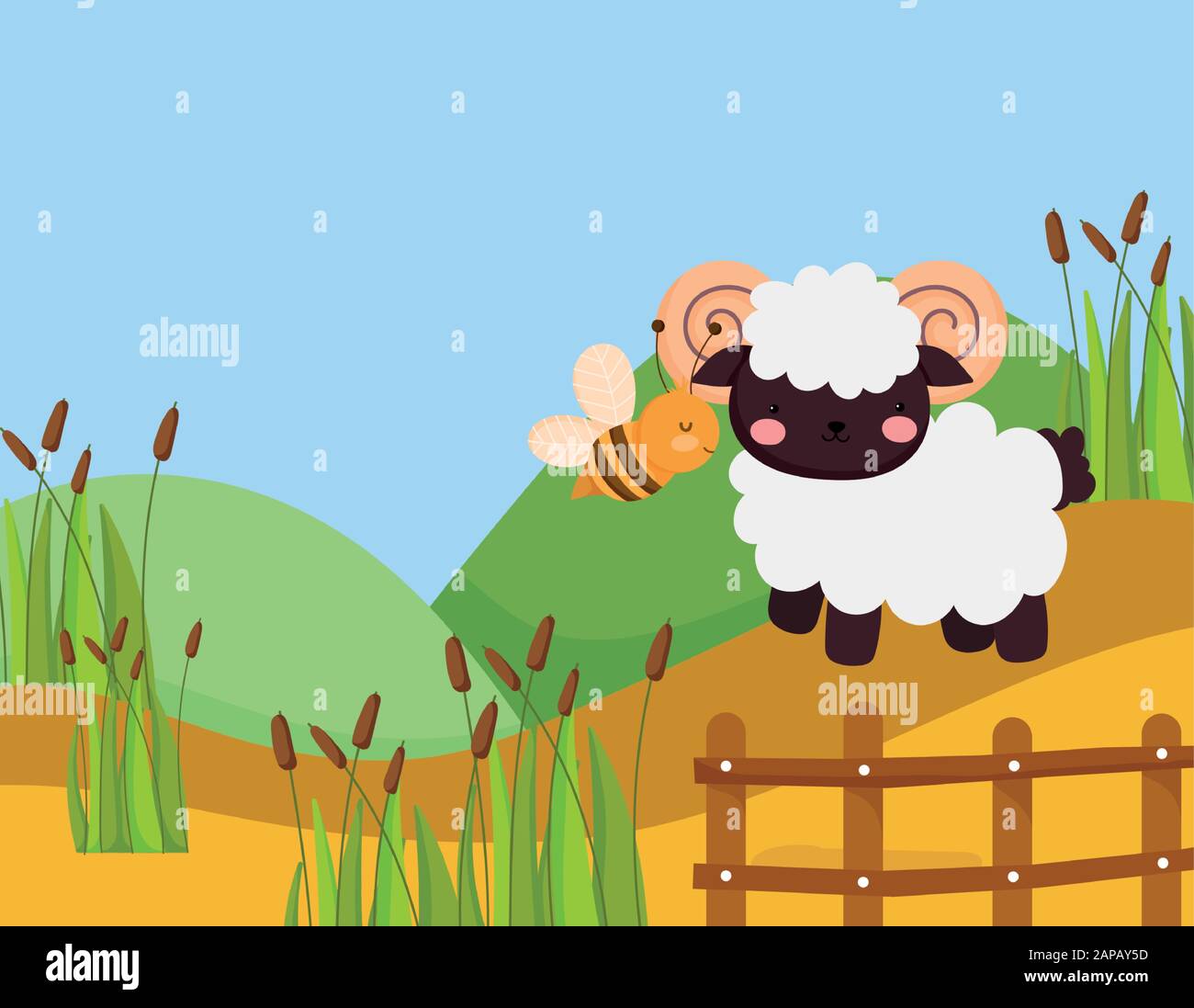 ram and fyling bee fence foliage grass farm animal cartoon vector ...