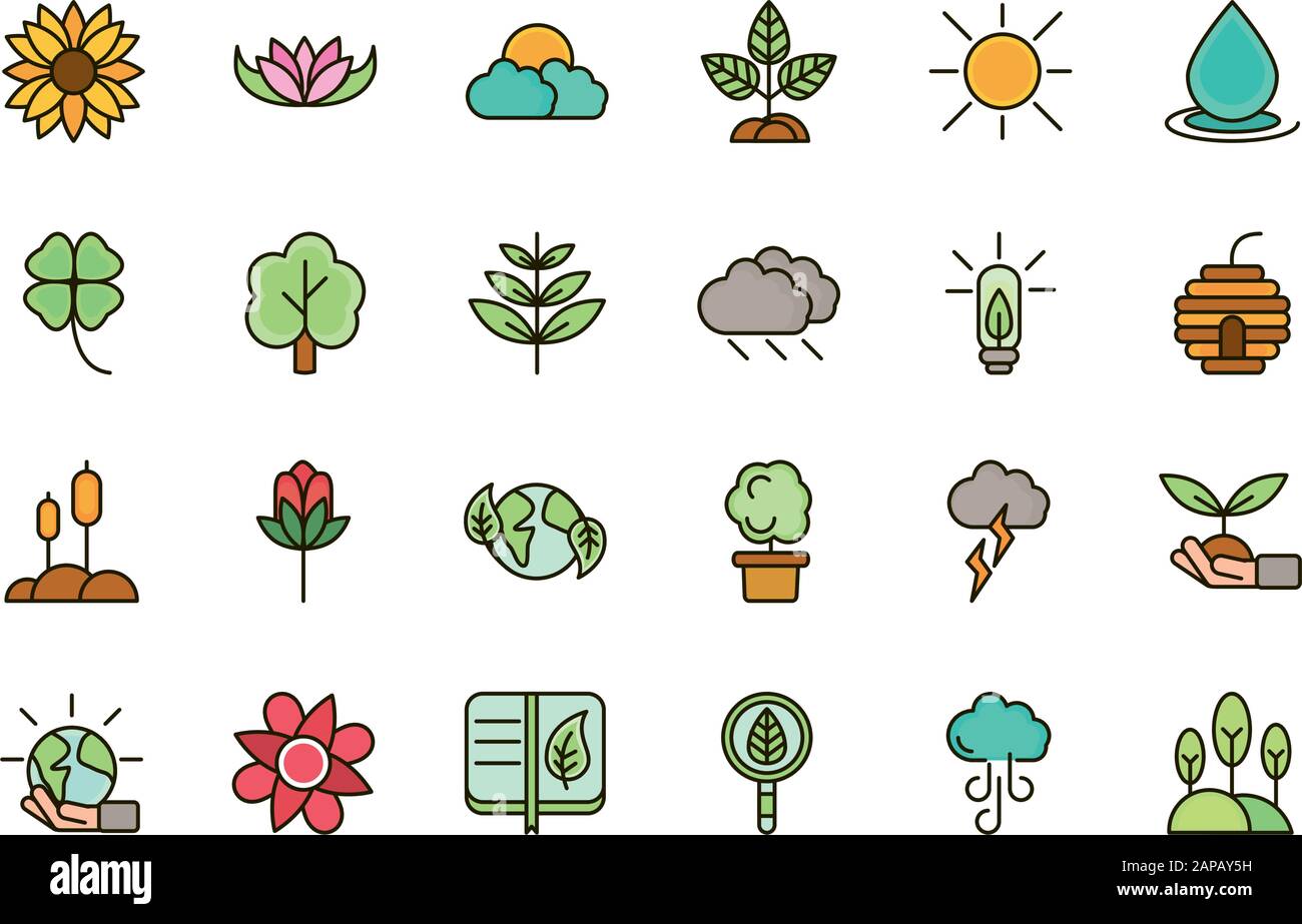 nature foliage botanical ecology drawing icons set vector illustration ...
