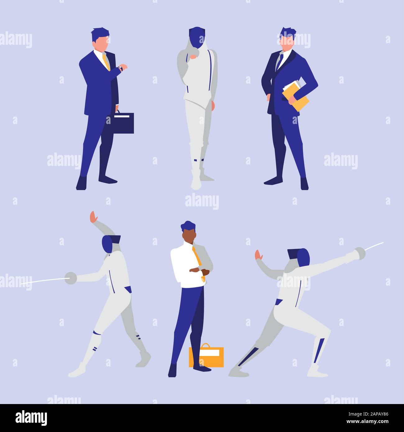 Set of businessmen and fencer design, Workers actions working ...