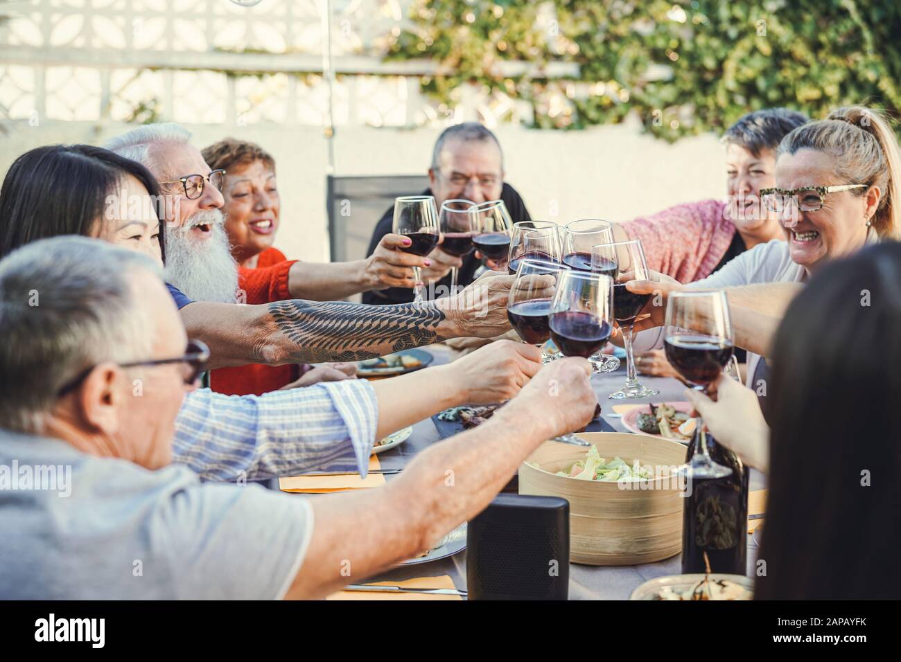 Happy family cheering with red wine at reunion dinner in garden ...
