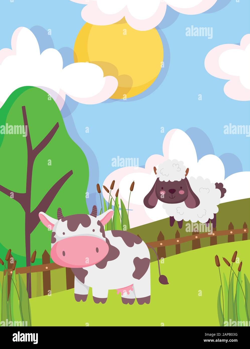 cow and sheep wooden fence trees farm animal cartoon vector ...