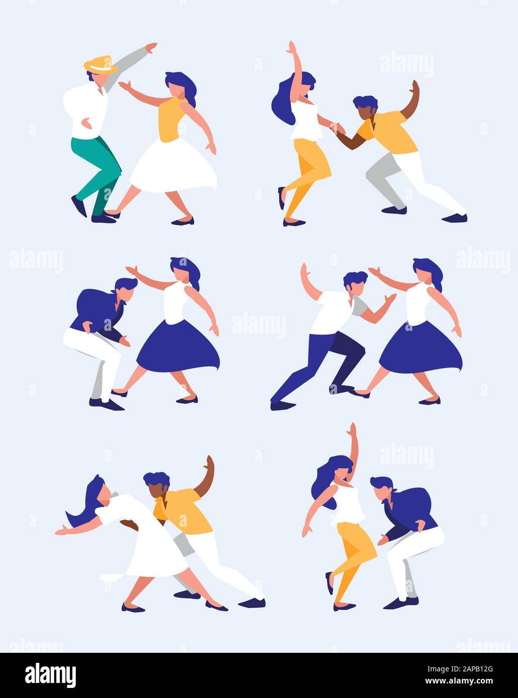 Set of women and men doing dancing positions design, Music person ...
