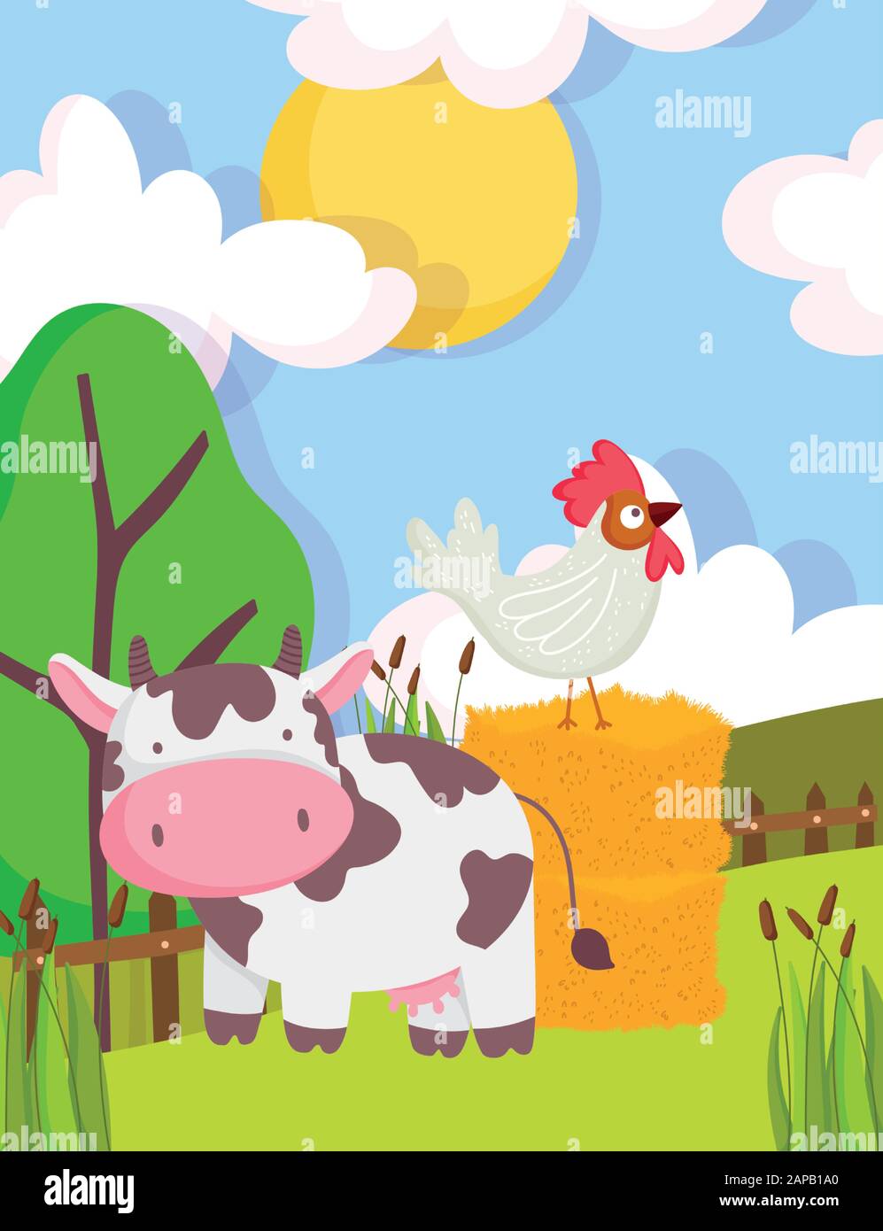 cow and rooster on hay trees vegetation fence farm animal cartoon ...