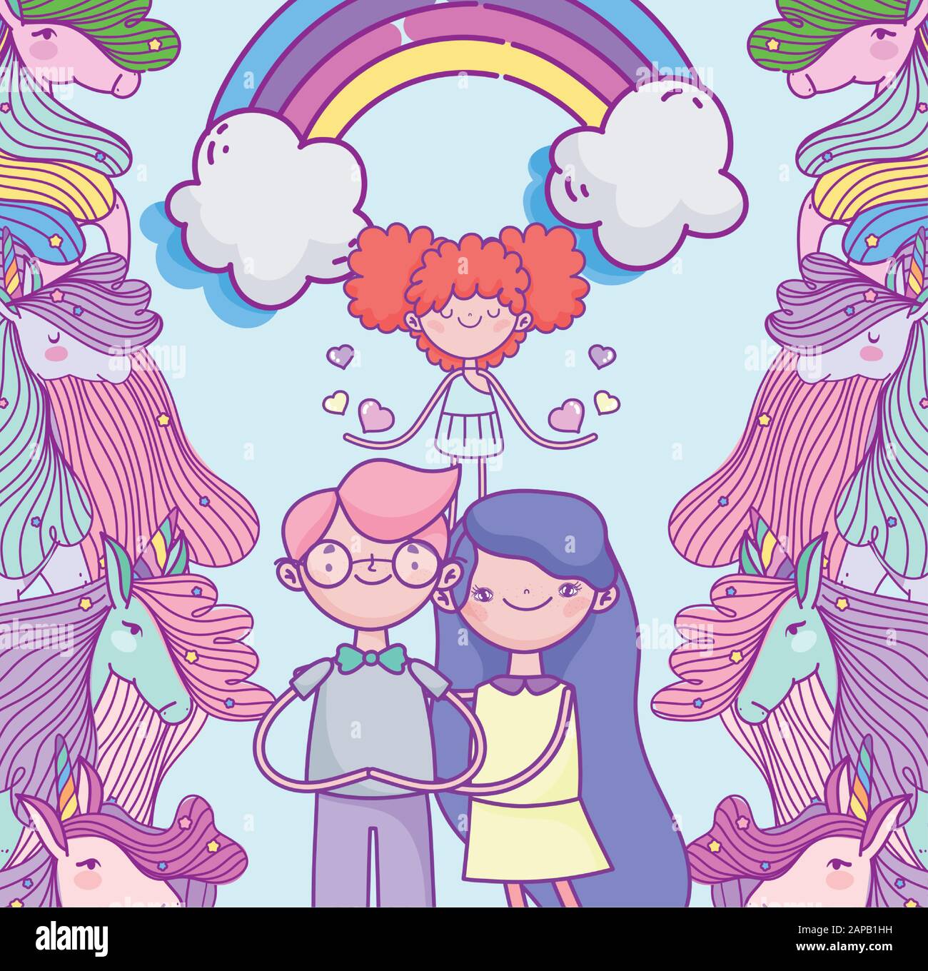 happy valentines day, cute couple and cupid hearts love unicorns ...