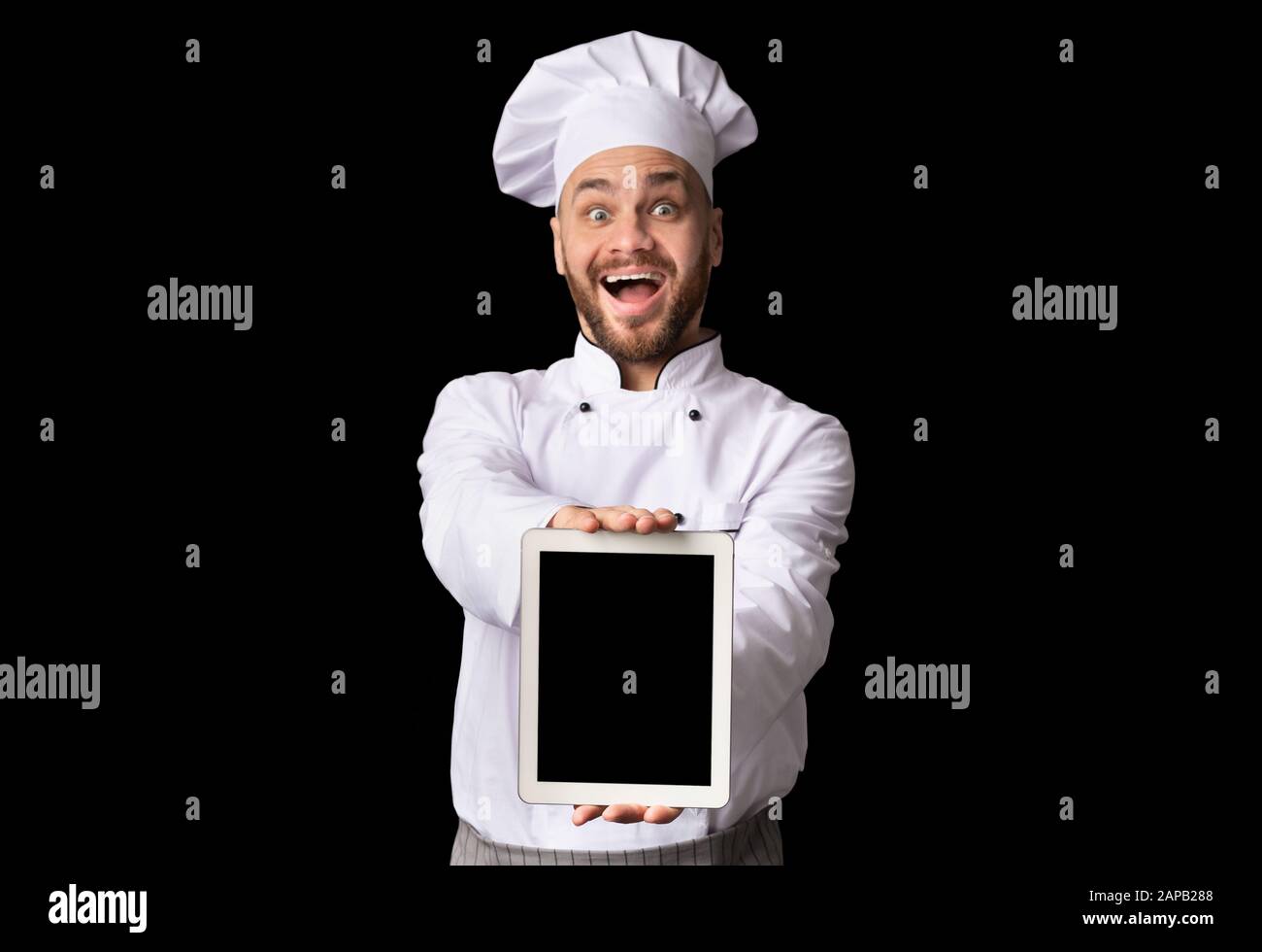 Chef Showing Tablet With Empty Screen Posing On Black Background Stock ...