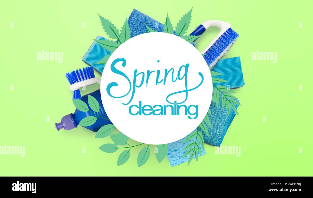 Spring Cleaning Illustration Over Different Clean Tools On Green ...