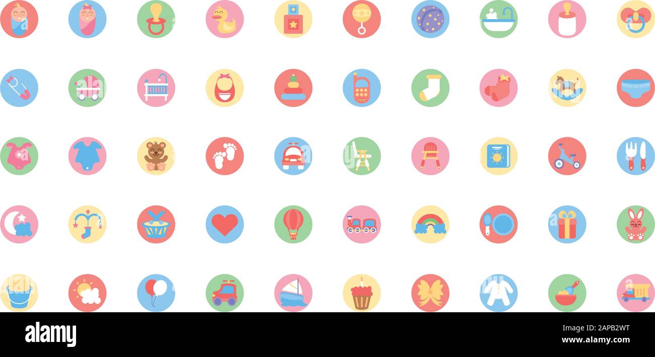 baby objects and toys icon set design, Child newborn childhood ...