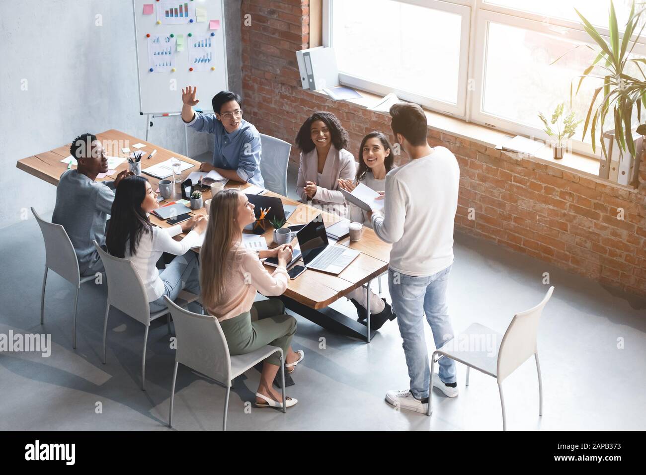 International group of people having business meeting discussion Stock ...