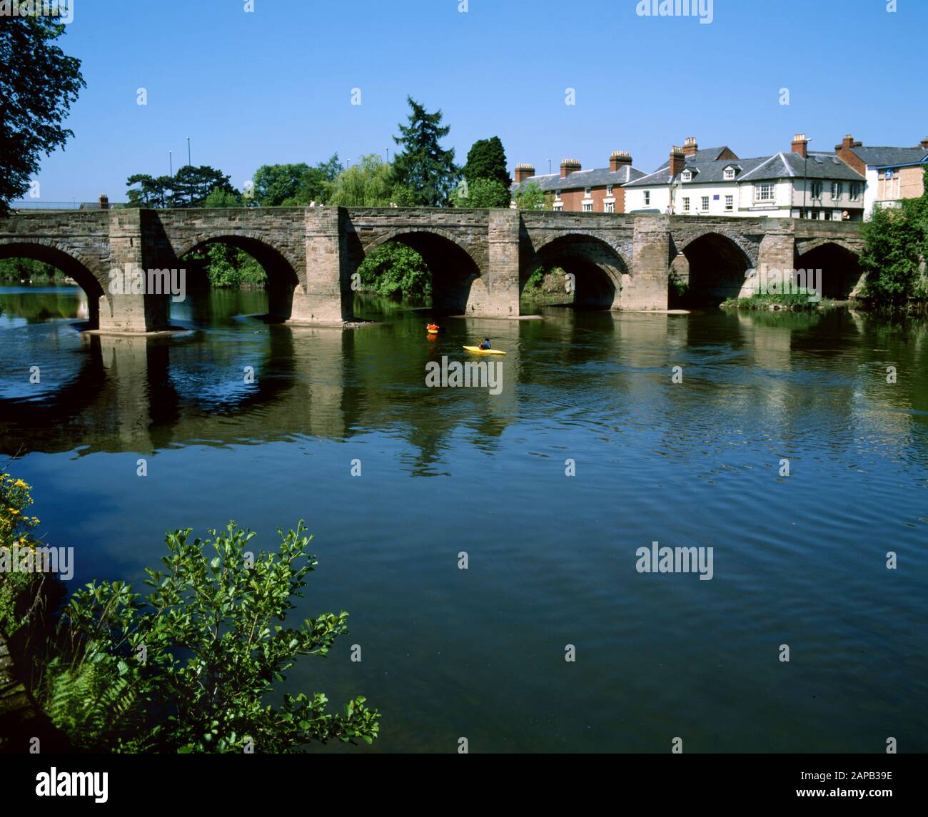 Old Bridge, River Wye and kayakers, Hereford, Herefordshire Stock Photo ...