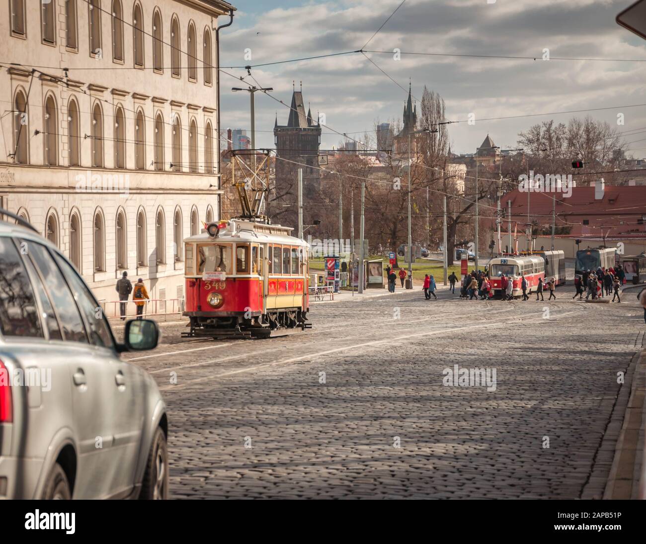 Prague, Czech Republic 1/5/2020: Tramway passing by on the street of ...