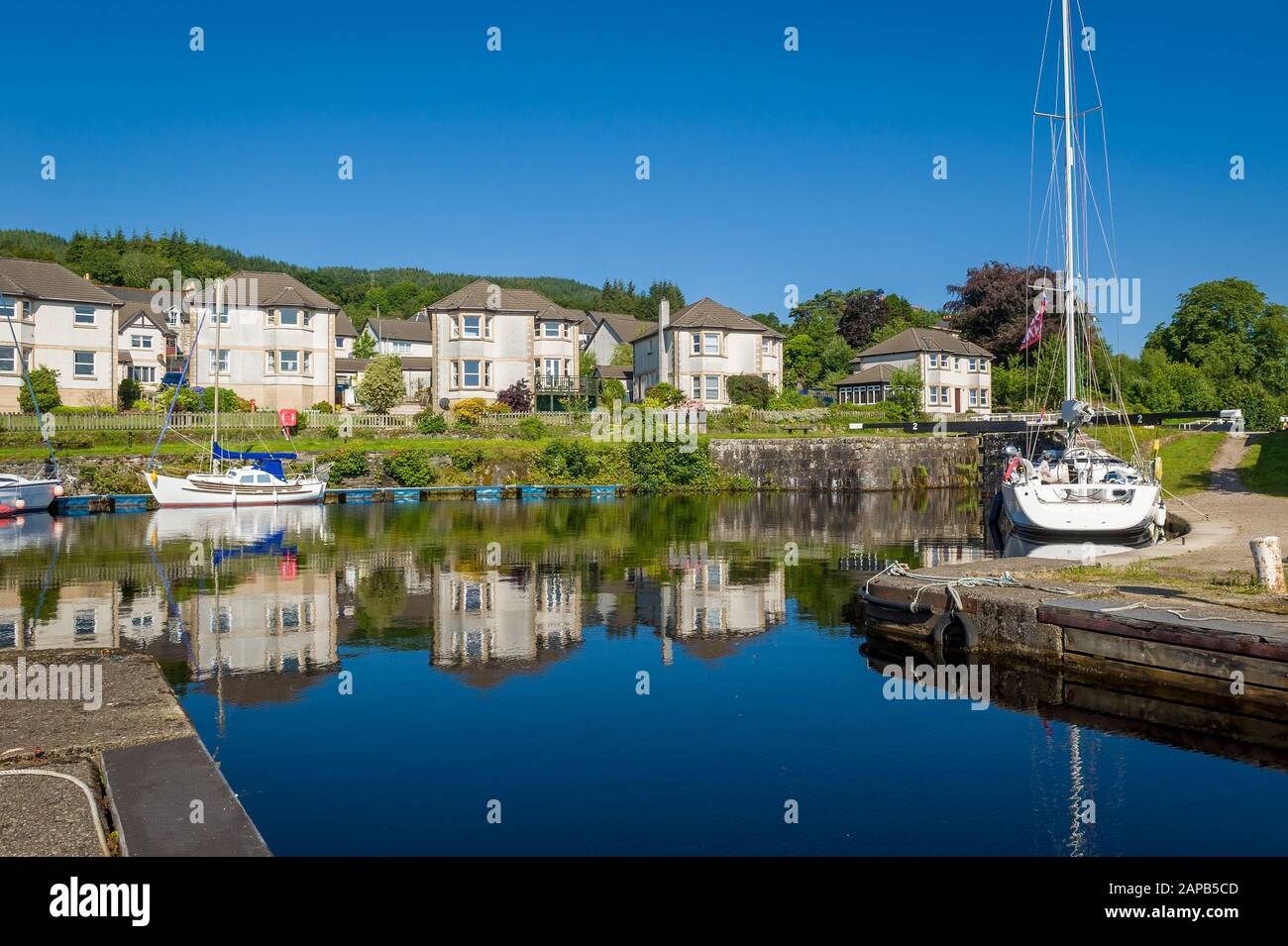 Ardrishaig bay and village houses. Entrance to Crinan chanel, Scotland ...