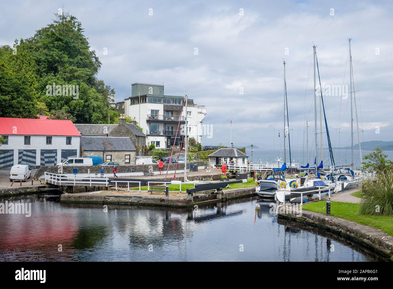 Crinan village, bay and water gates from sea to the channel. Popular ...