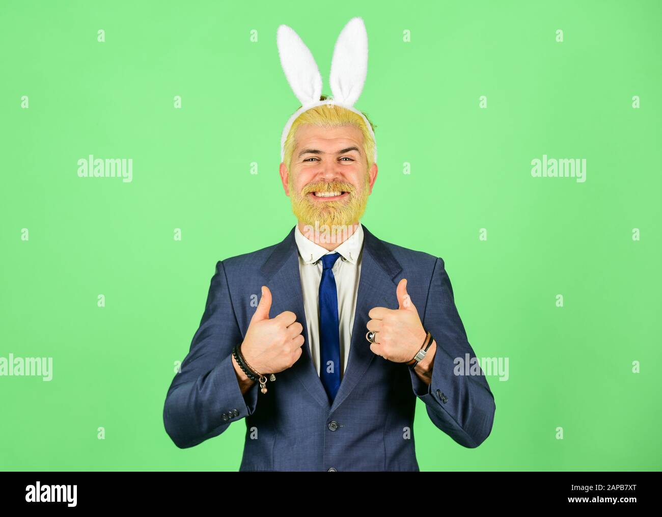 Thumbs ups for Easter. Happy boss enjoy celebration. Businessman show ...