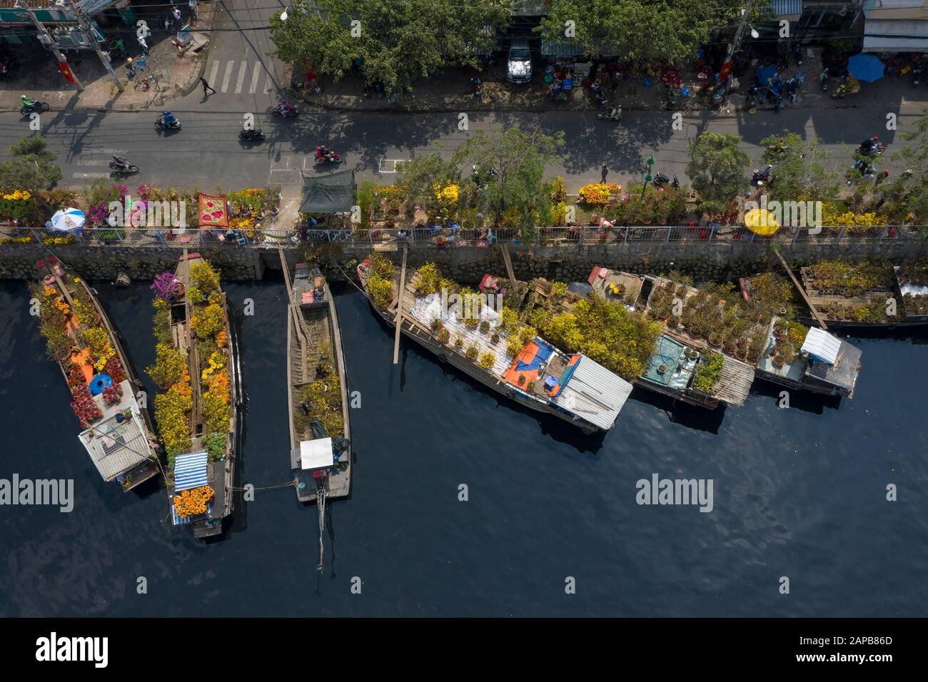 Aerial view of floating flower market in Saigon or Ho Chi Minh City in ...