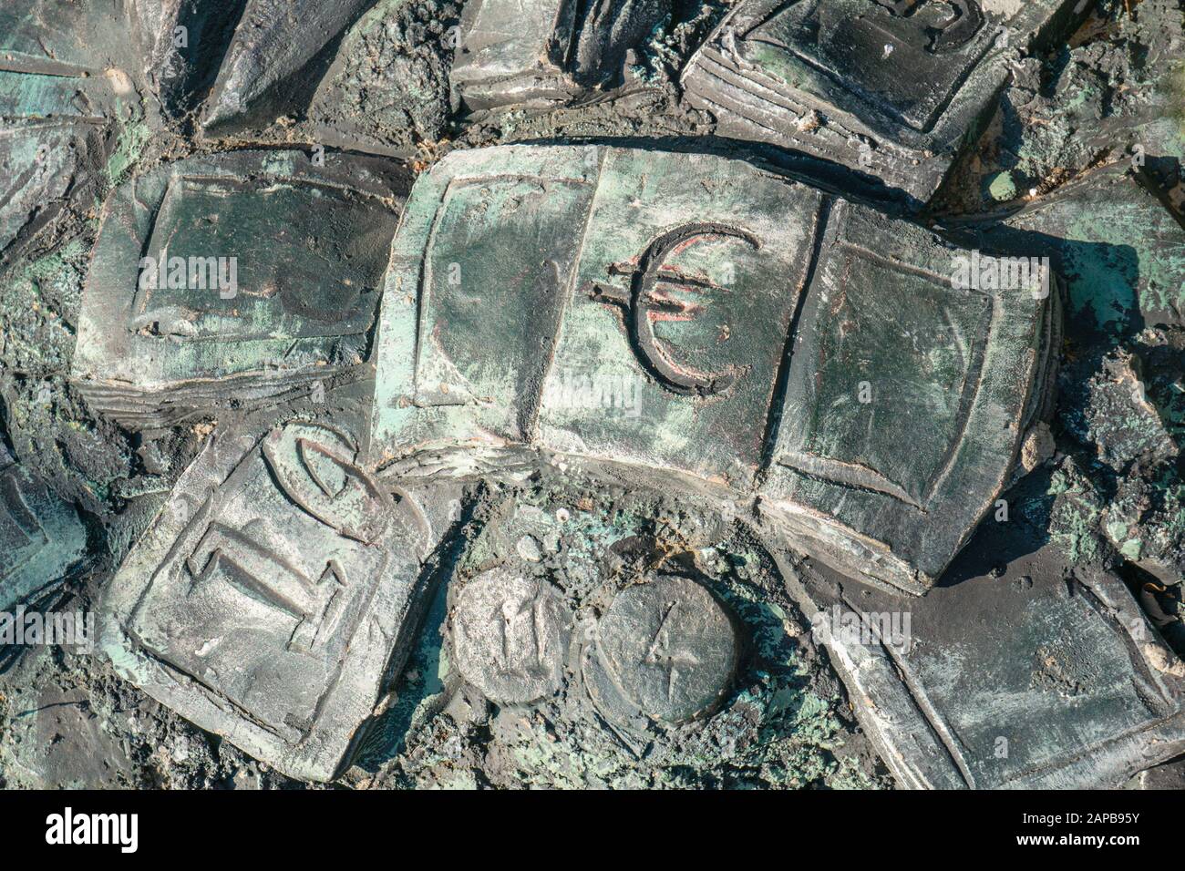 The European currency sign is made of concrete. The symbol of the fall ...