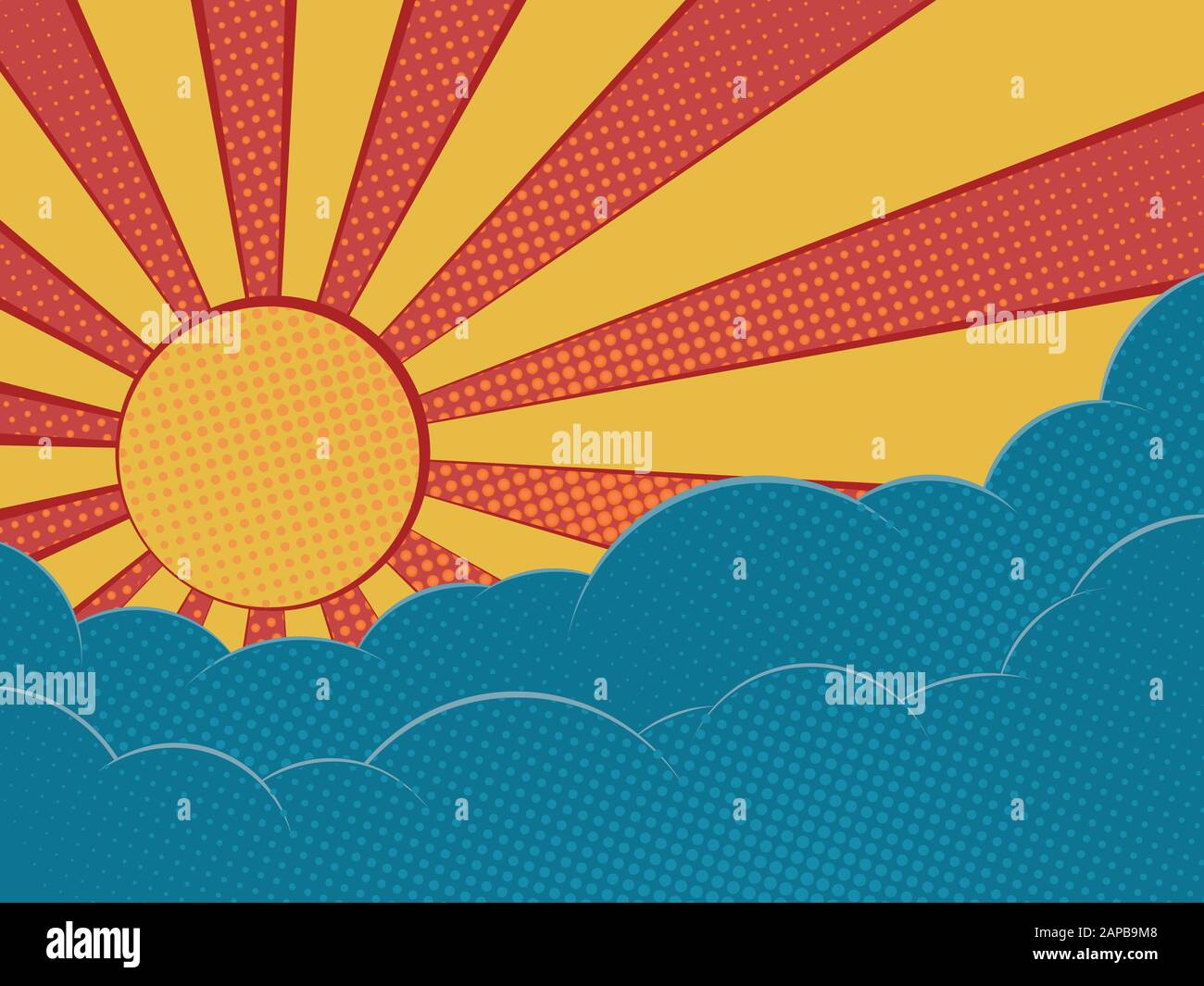 Pop art summer background, sun and sea waves in comic style. Vector ...