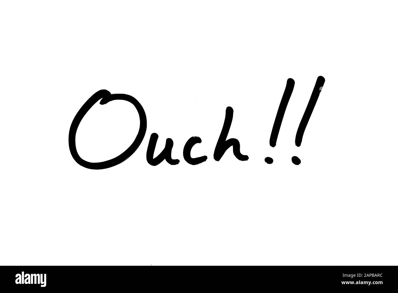 Close-up of the word Ouch!! handwritten on a white background Stock ...