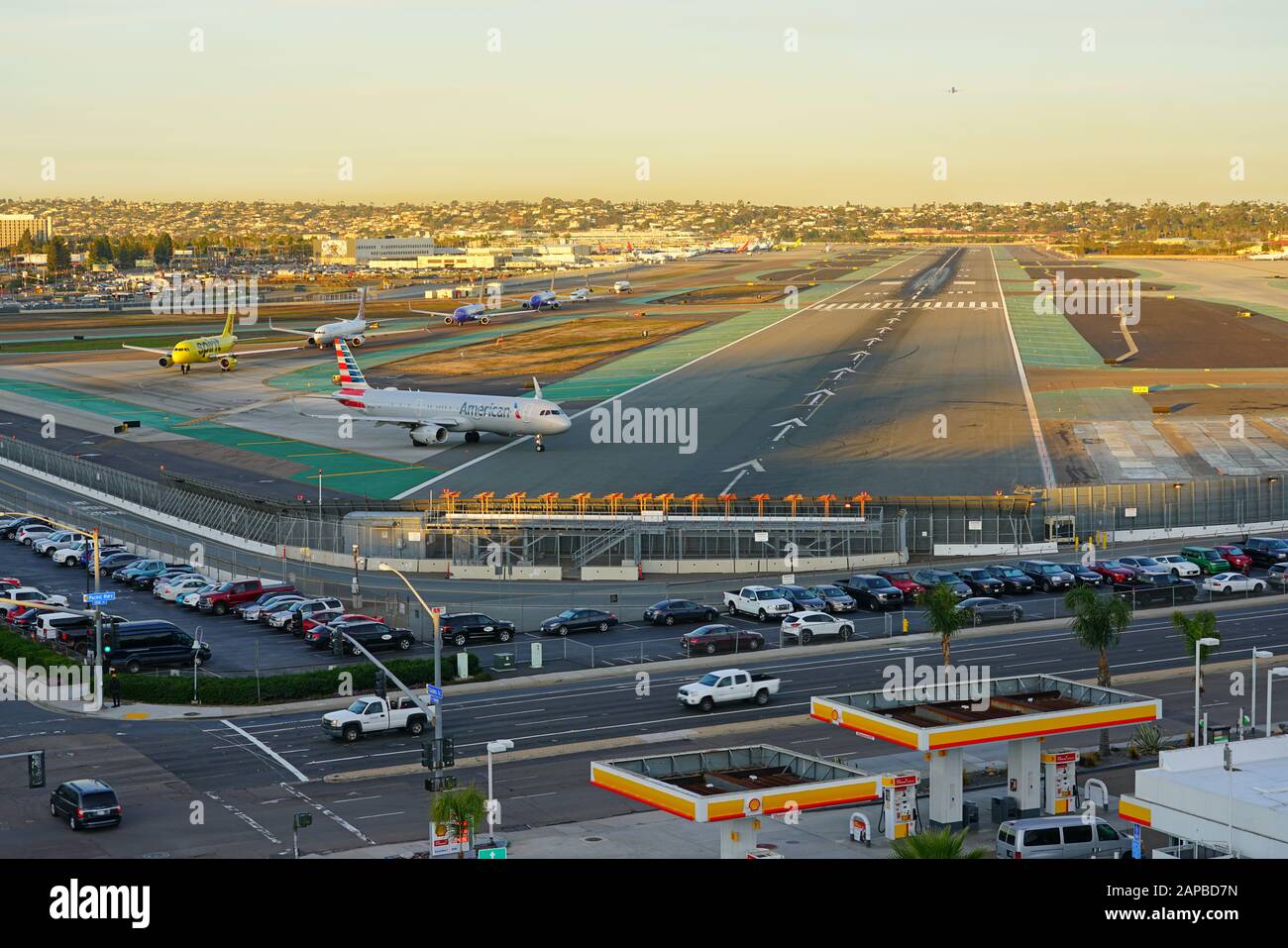 SAN DIEGO, CA -3 JAN 2020- View of planes lining up for takeoff the San ...